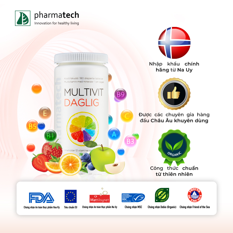 MULTIVIT DAGLIG - Bổ sung vitamin và khoáng chất | 180 viên - Pharmatech Retail